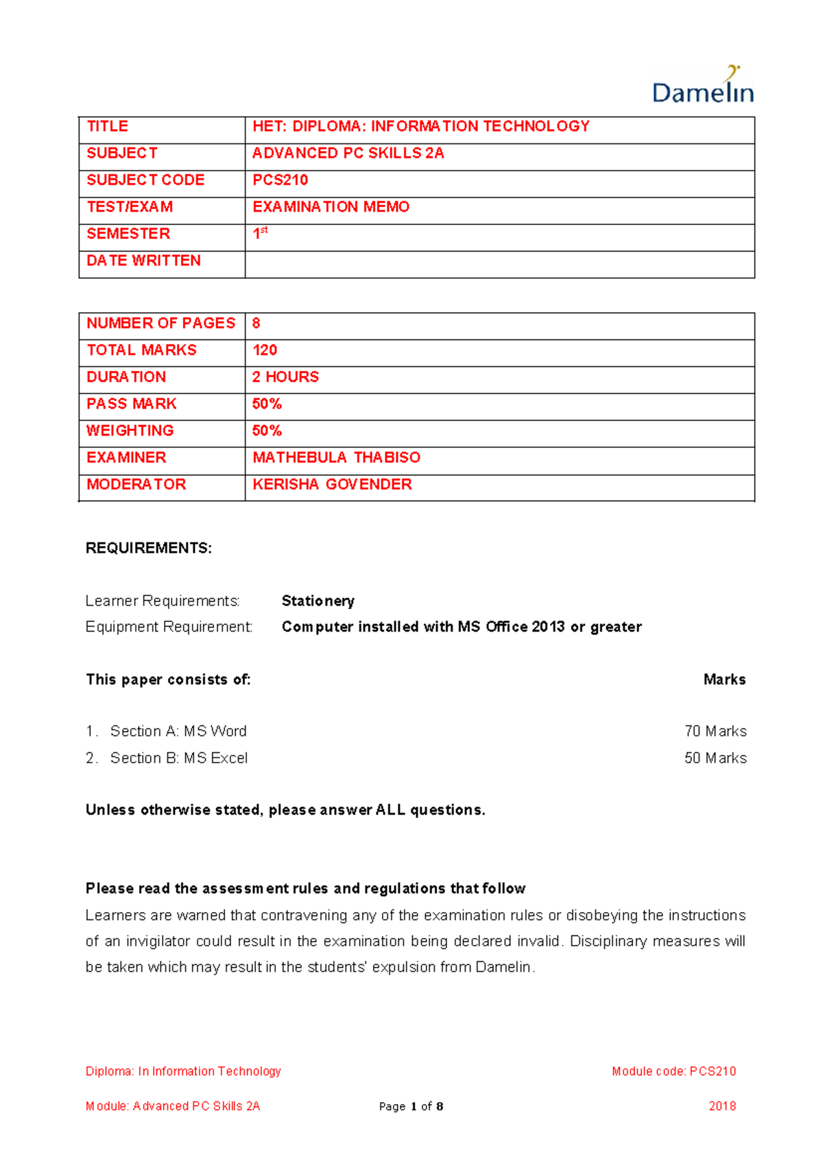 Advanced PC Skills 2A Exam Memo - TITLE HET: DIPLOMA: INFORMATION ...
