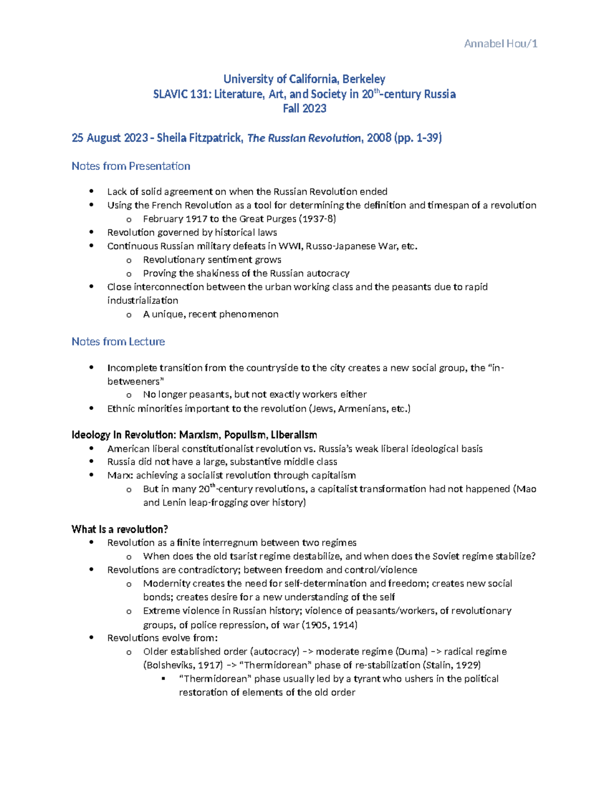 SLAVIC 131 Literature, Art, and Society in 20th-Century Russia Notes ...