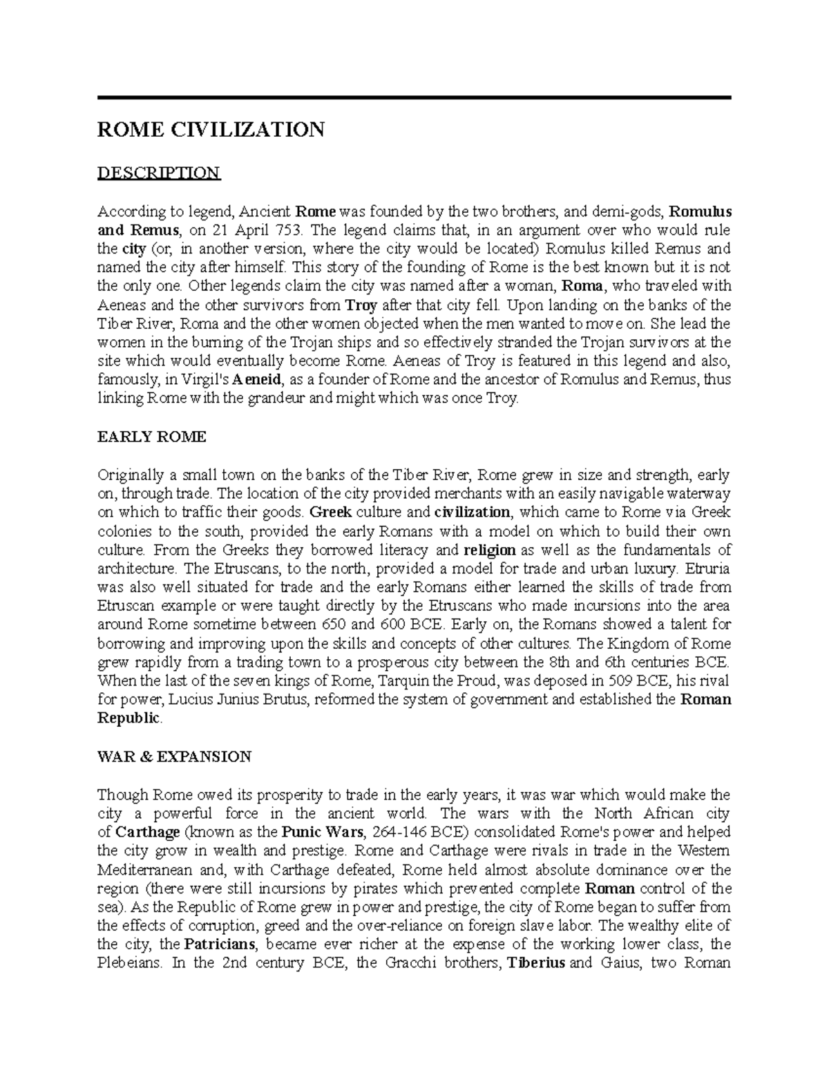 Western History - ROME - ROME CIVILIZATION DESCRIPTION According to ...