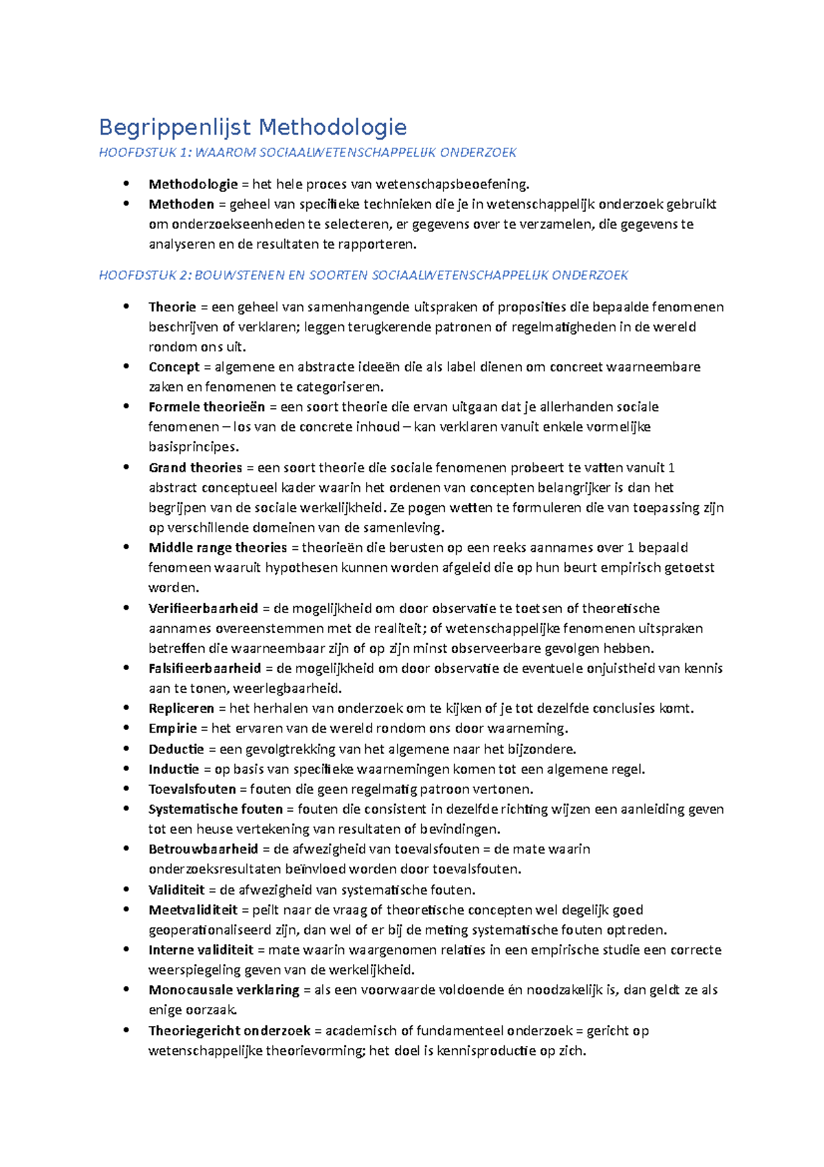 Begrippenlijst Methodologie - Begrippenlijst Methodologie HOOFDSTUK 1: WAAROM - Studocu