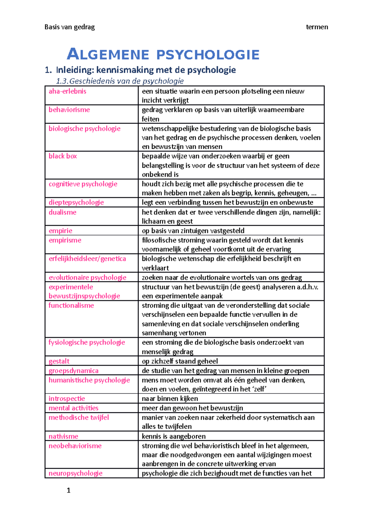 Basisterminologie algemene psychologie - ALGEMENE PSYCHOLOGIE 1 ...