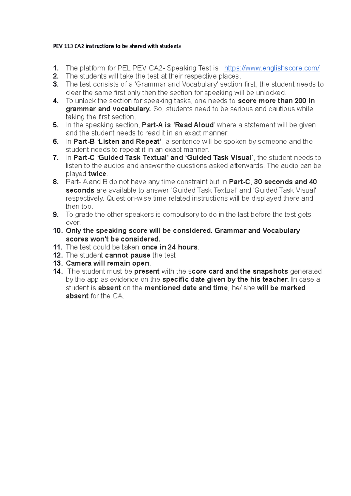PEV 113 CA2 instructions to be shared with student - The test consists ...