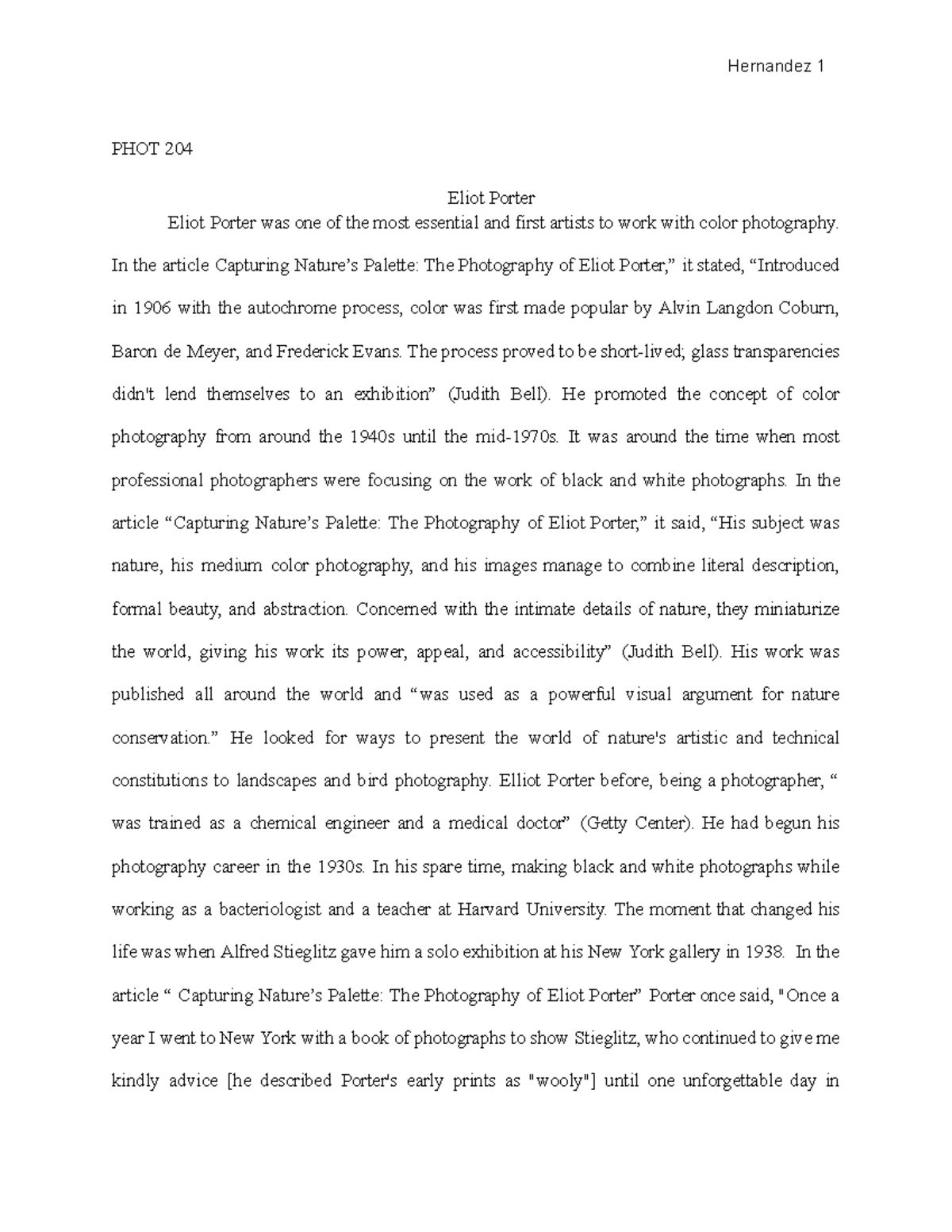 Research Essay- Eliot Porter - PHOT 204 Eliot Porter Eliot Porter was ...