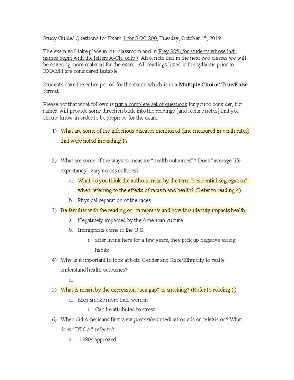 Exam 1 Study Sheet - Study Guide/ Questions for Exam 1 for SOC 200 ...