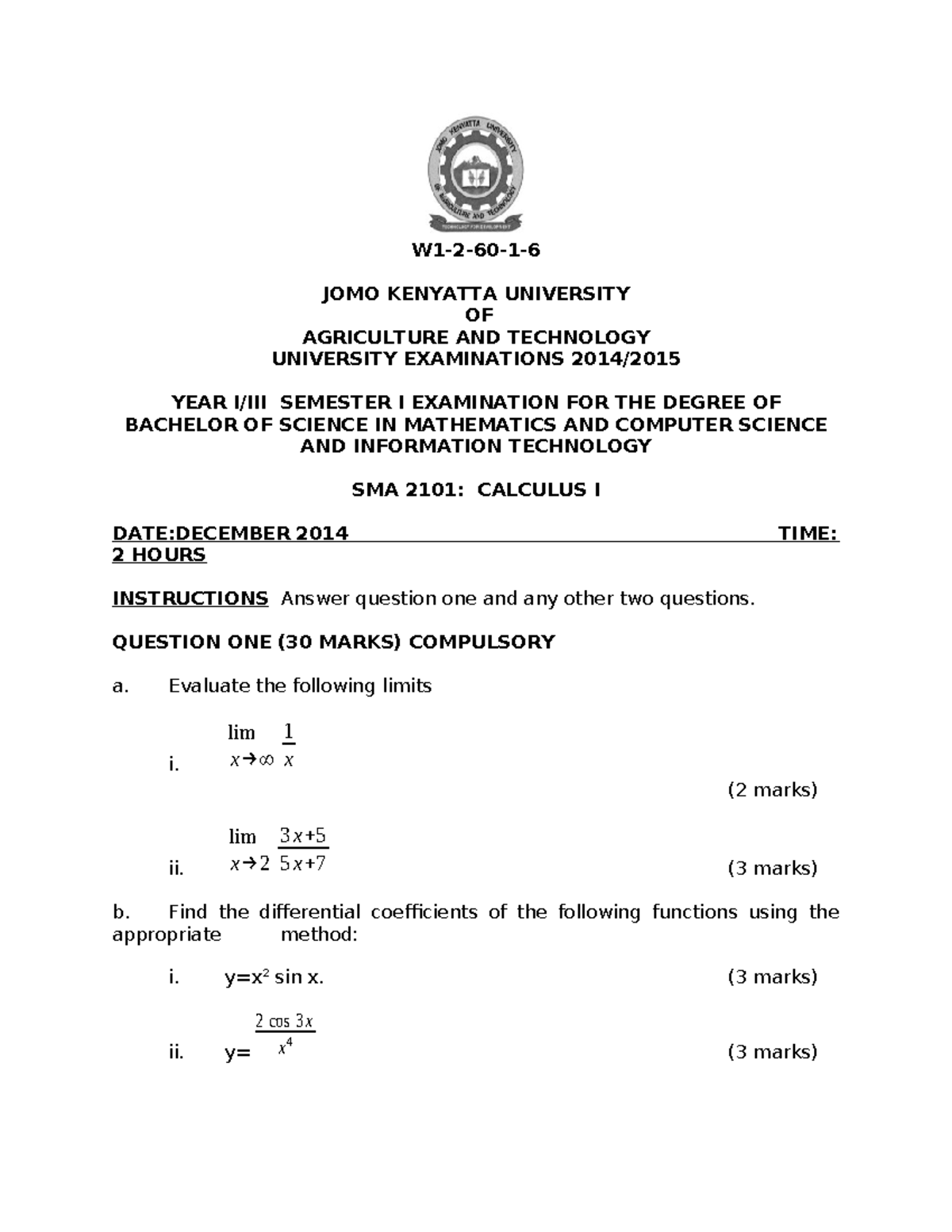 SMA 2101 Calculus I - W1-2-60-1- JOMO KENYATTA UNIVERSITY OF AGRICULTURE AND TECHNOLOGY ...