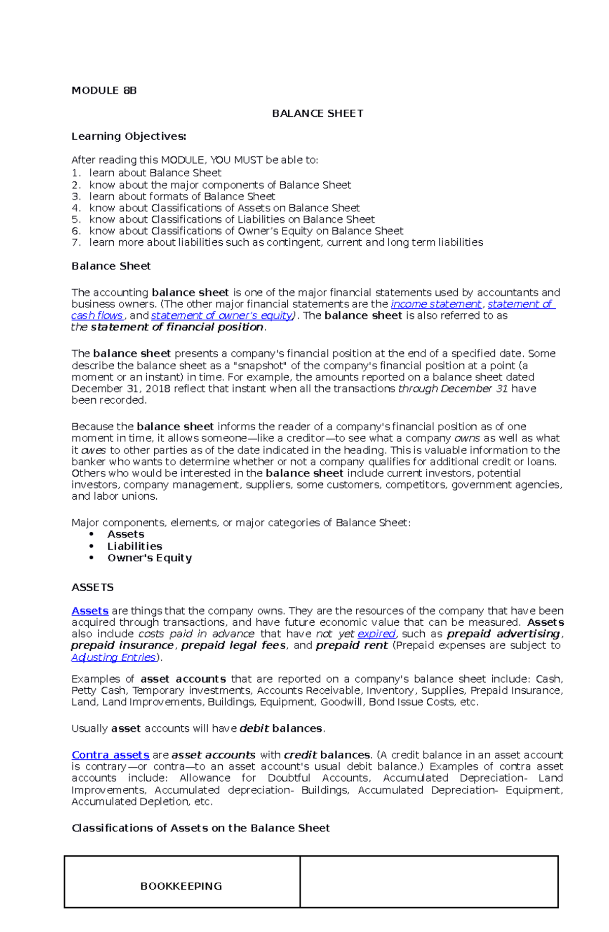 Module #8B in Bookkeeping - MODULE 8B BALANCE SHEET Learning Objectives ...