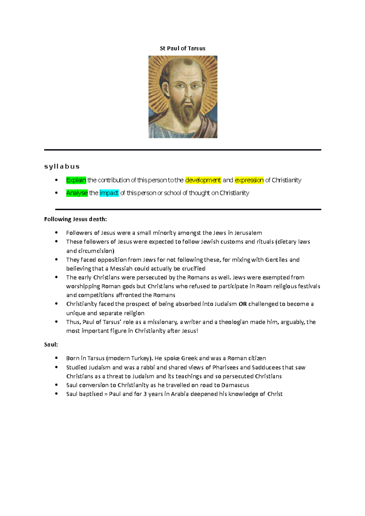 St Paul of Tarsus Notes - St Paul of Tarsus s y l l a b u s Explain the ...