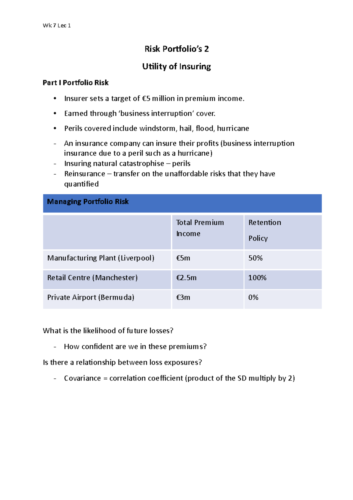 Wk 7 Lec 1 Notes - Risk Portfolio’s 2 Utility of Insuring Part I ...