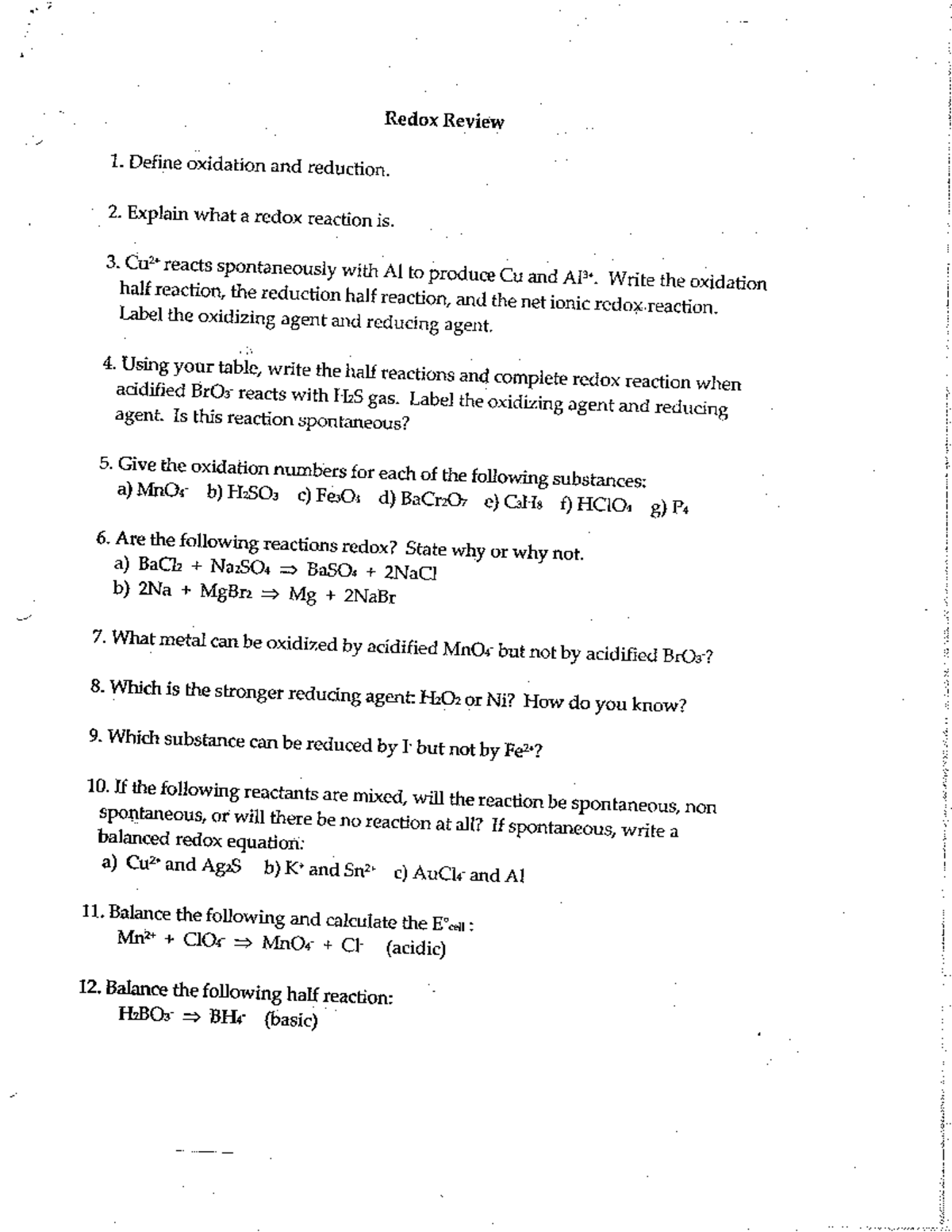 Redoxreview test - Redox Review 1. Define oxidation and reduction. 2 ...