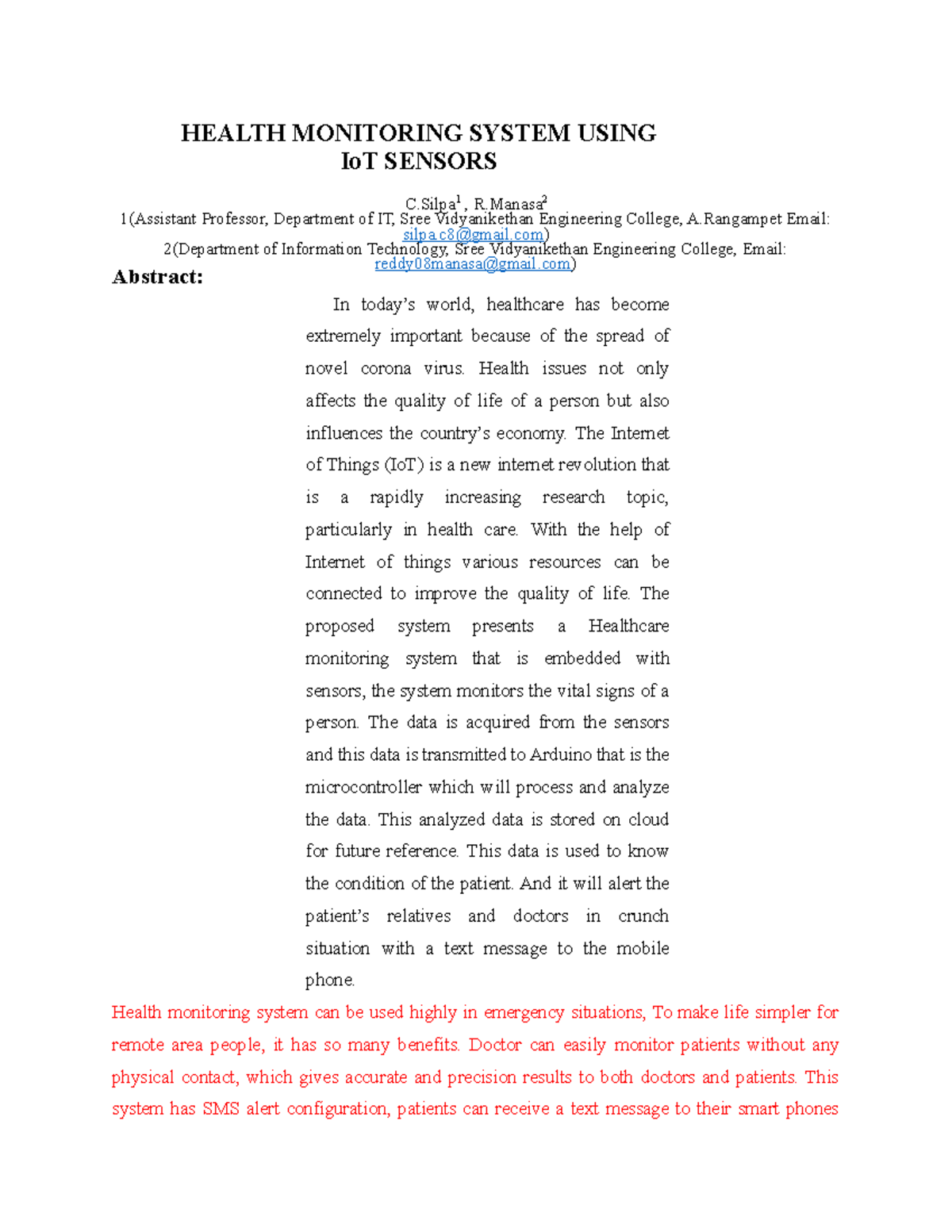 Health Monitoring System using Io T Sensors - HEALTH MONITORING SYSTEM ...