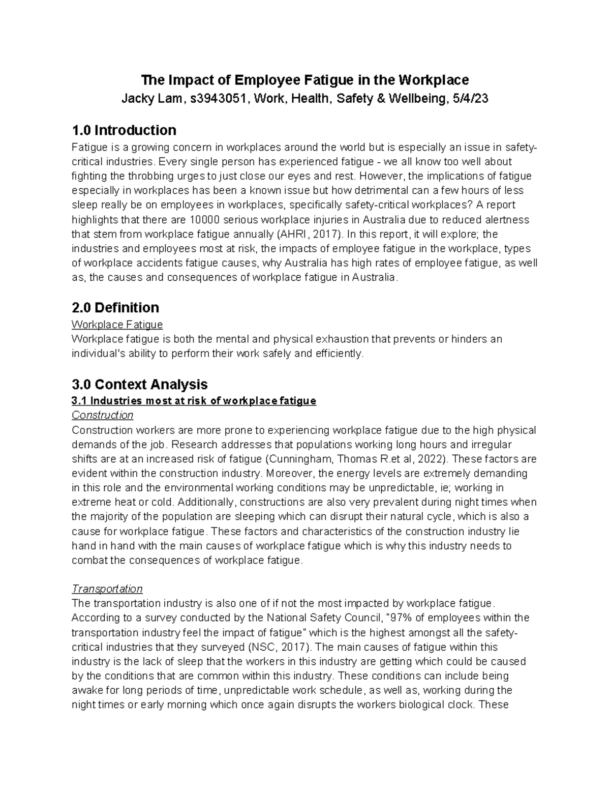 WHSW Assessment 1 - The Impact of Employee Fatigue in the Workplace ...