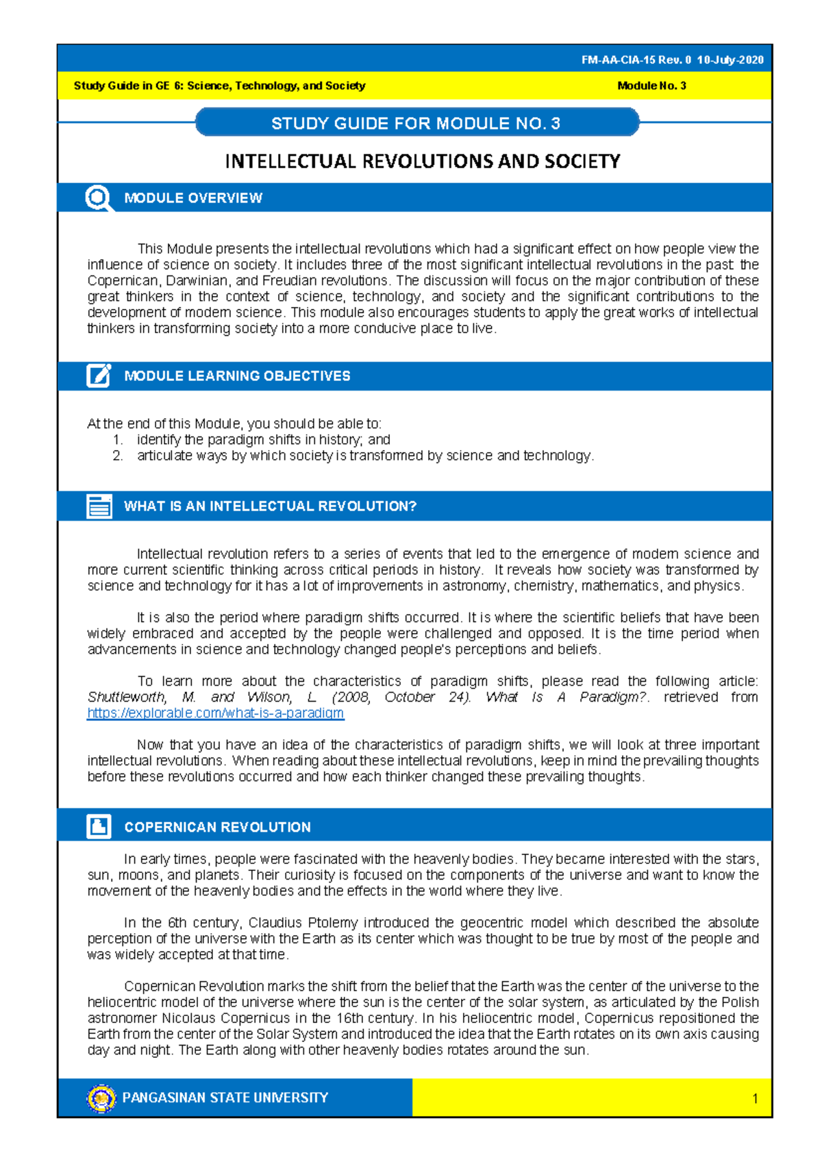 Study Guide 3 - PANGASINAN STATE UNIVERSITY Study Guide in GE 6: Science, Technology, and ...