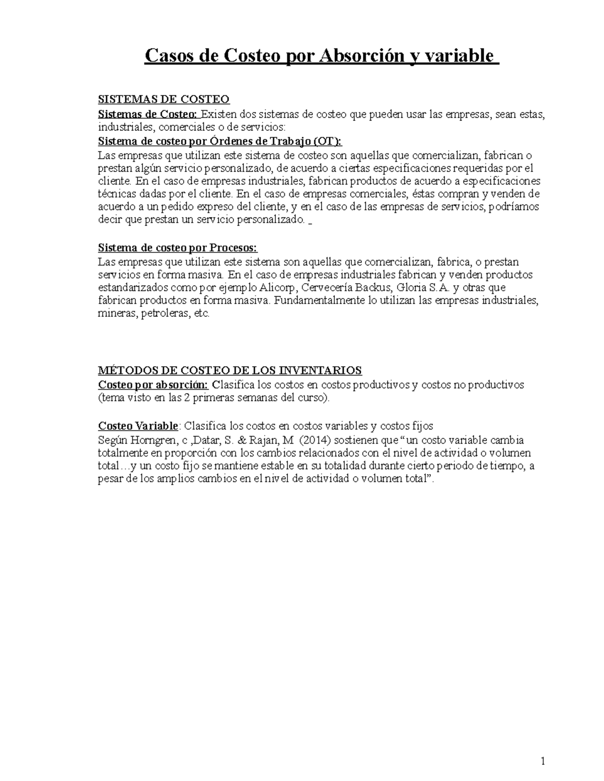 Problemas DE Costeo POR Absorción Y Variable - Casos de Costeo por ...