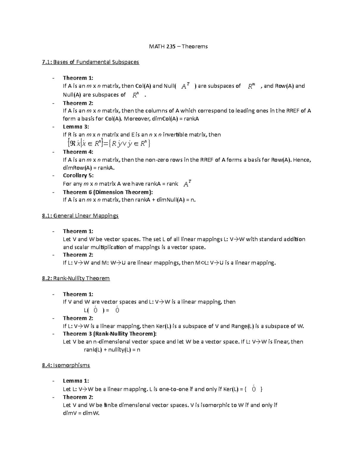 MATH 235 - Theorems - Theorem 2: If A is an m x n matrix, then the columns of A which correspond ...