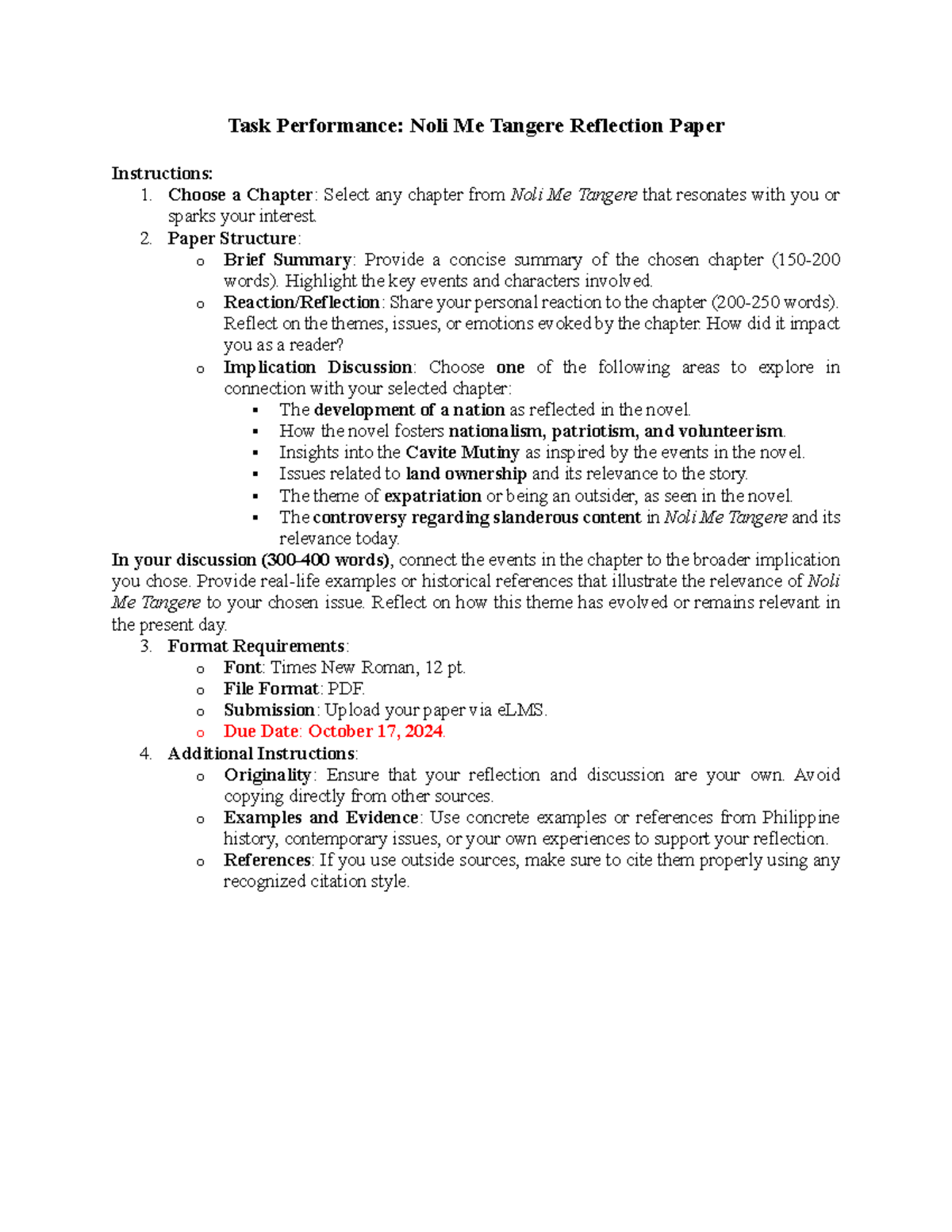 Rizal Midterm Task Performance - Task Performance: Noli Me Tangere Reflection Paper Instructions ...