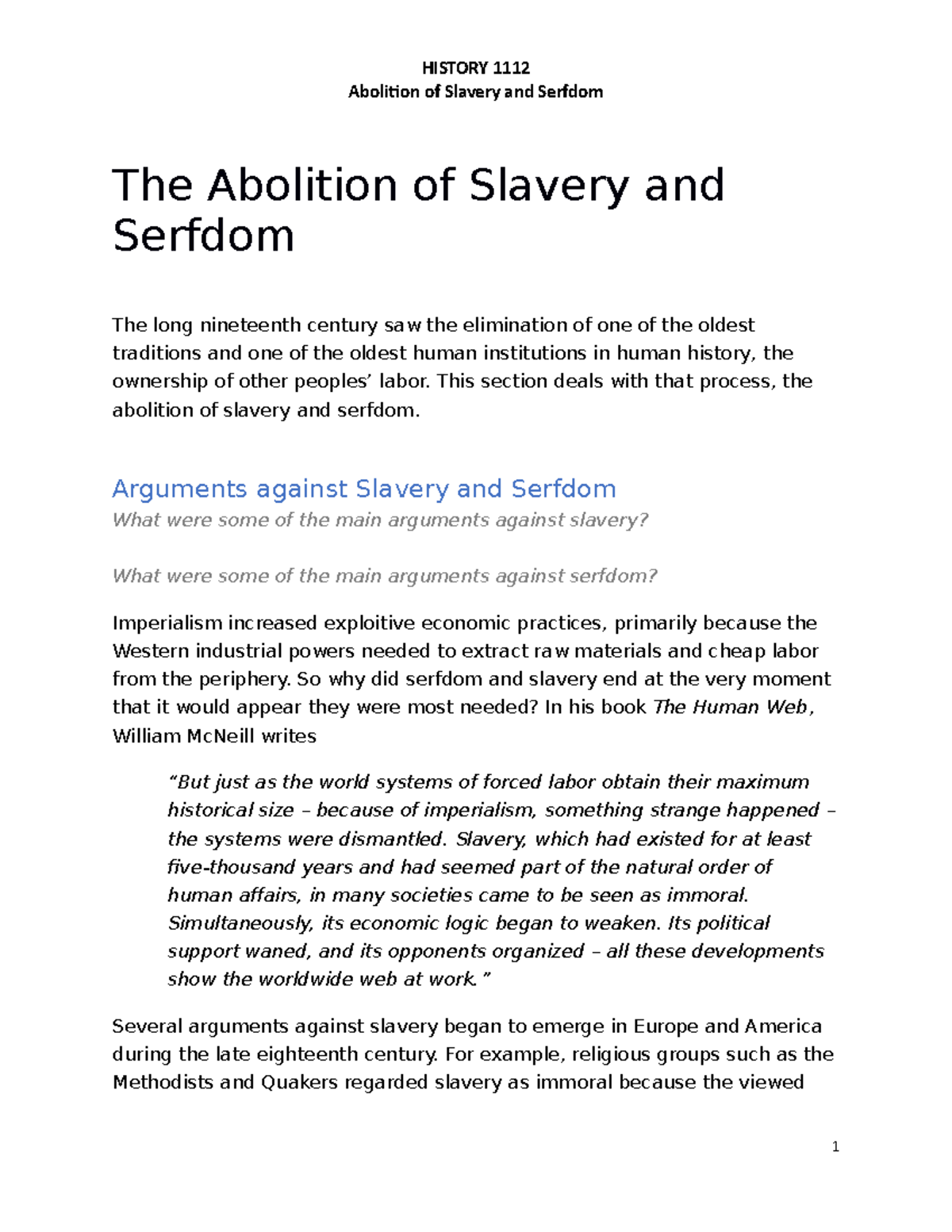 HIST 1112 - Abolition of Slavery and Serfdom - Abolition of Slavery and ...