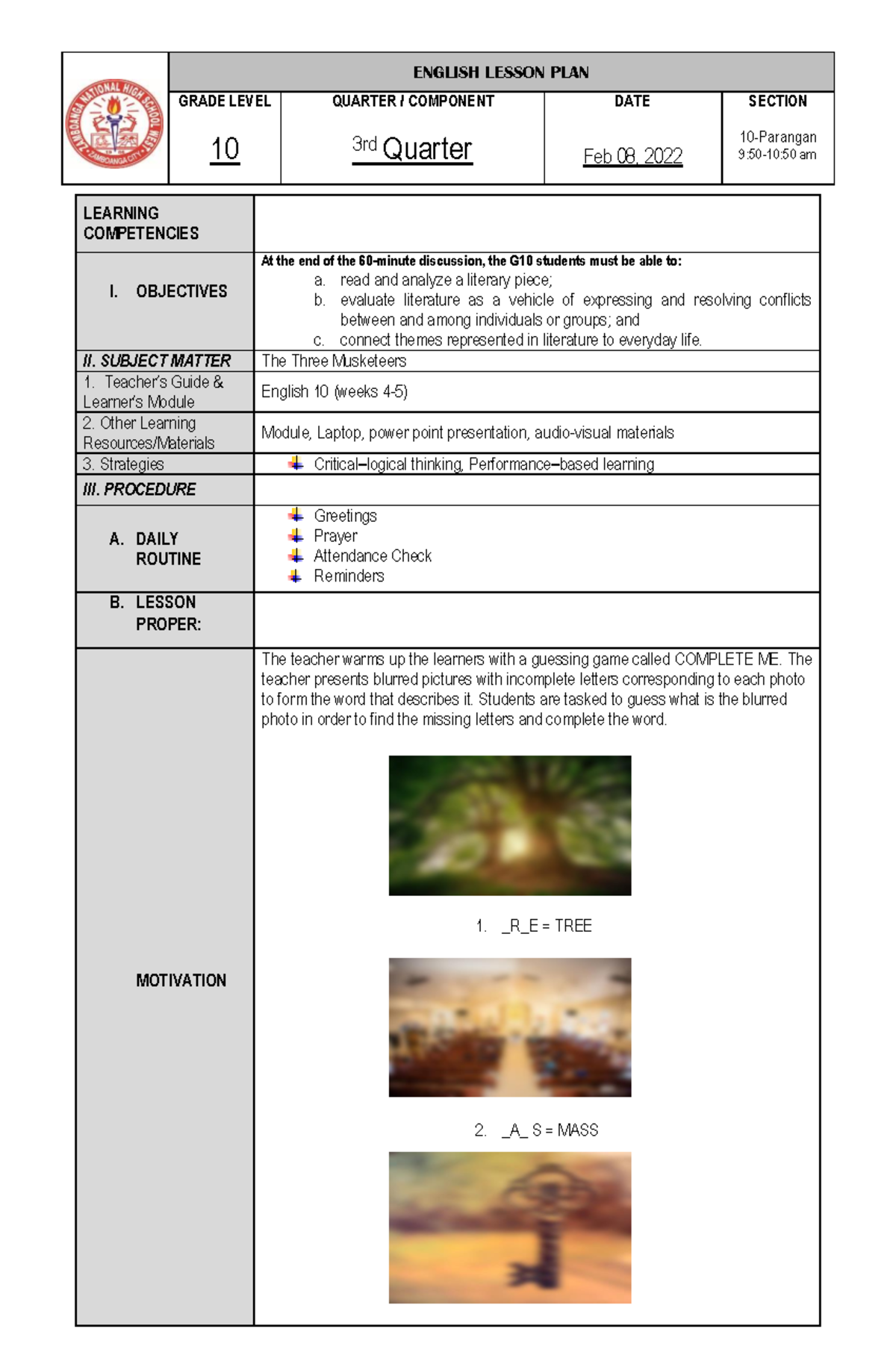 Week-4-LP - Lesson Plan - ENGLISH LESSON PLAN GRADE LEVEL 10 QUARTER ...