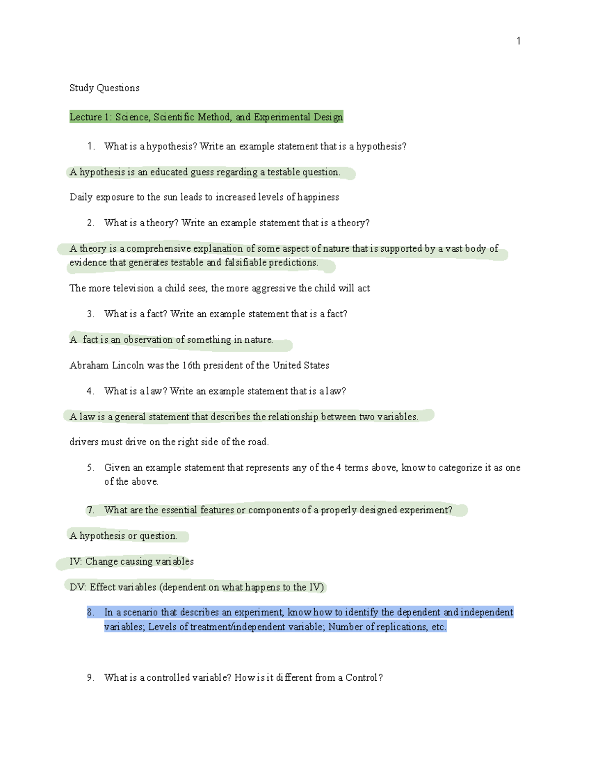 Bio study guide - Study Questions Lecture 1 : Science, Scientific ...