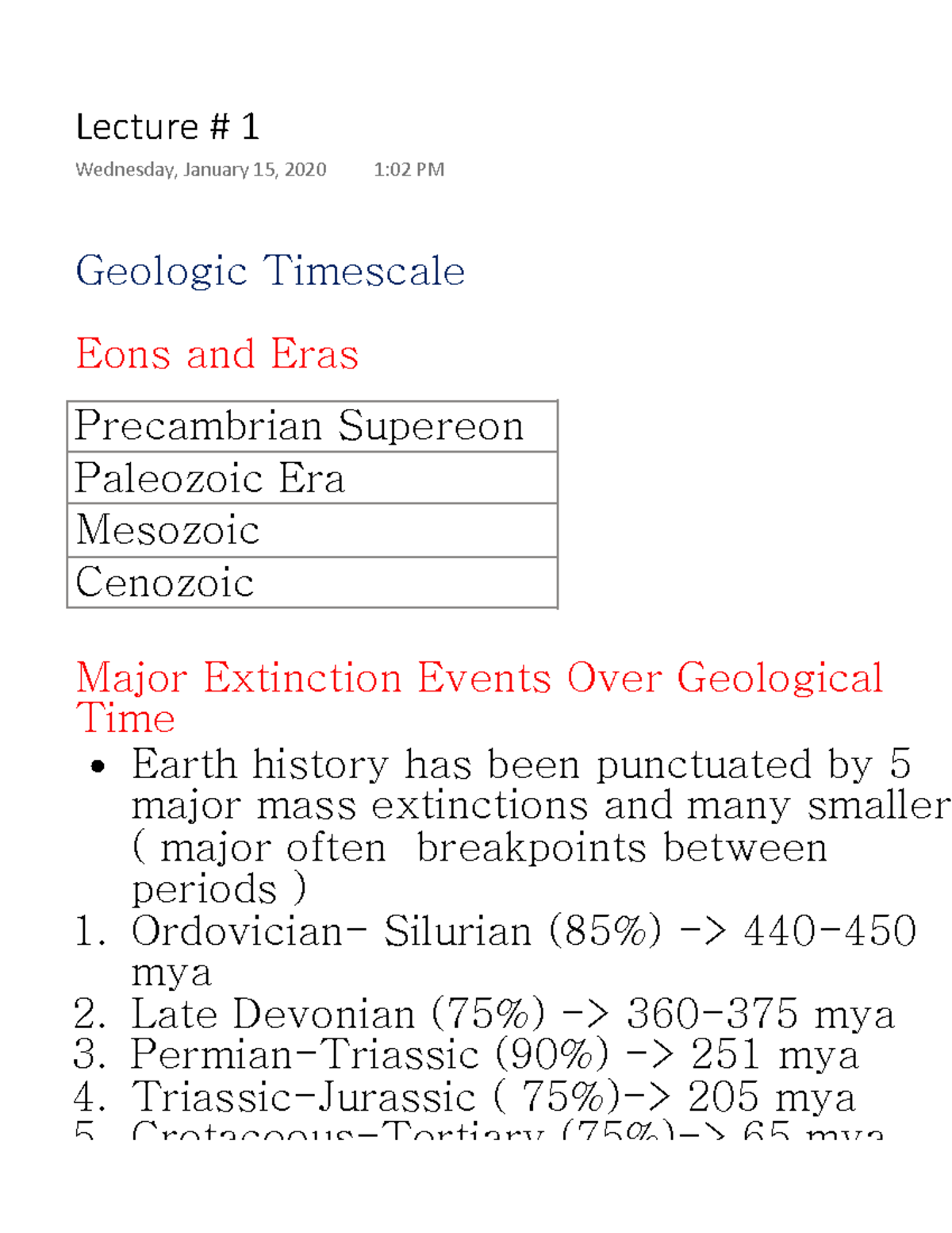 PBIO247 L1 - Notes - Geologic Timescale Eons and Eras Precambrian ...