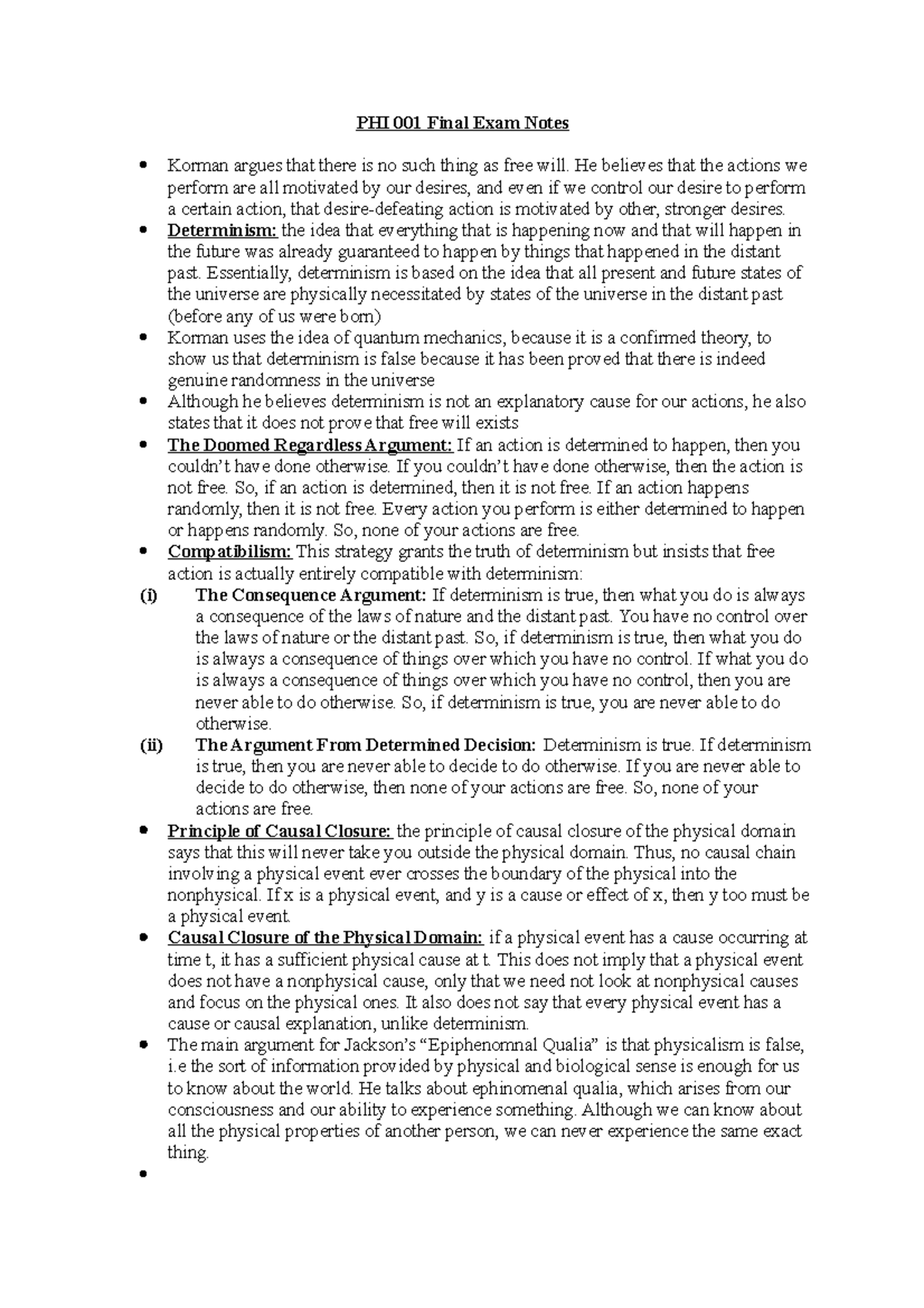 PHI 001 Final Exam Notes - PHI 001 Final Exam Notes Korman argues that ...