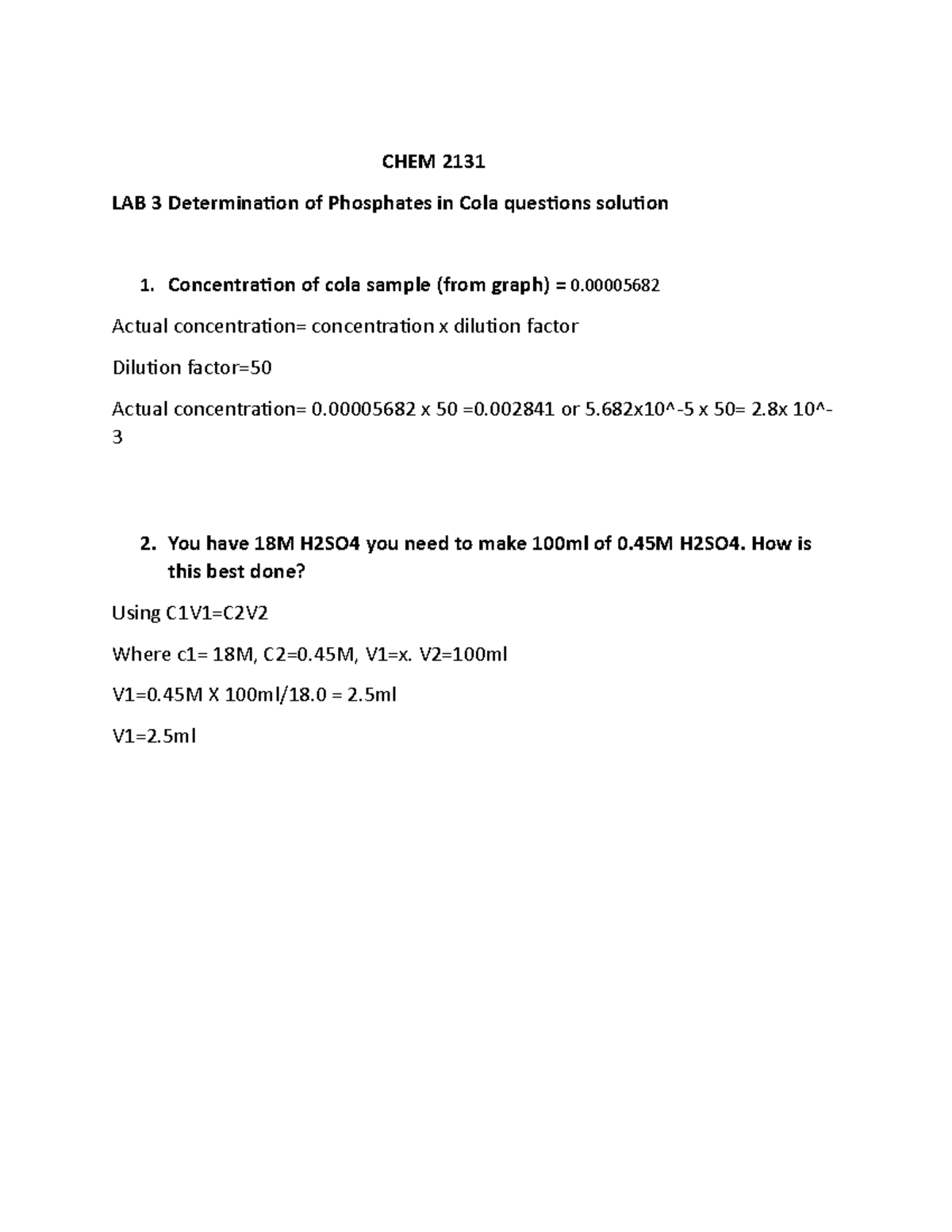 Lab 3 CHEM 2131 Solutions - CHEM 2131 LAB 3 Determination of Phosphates ...