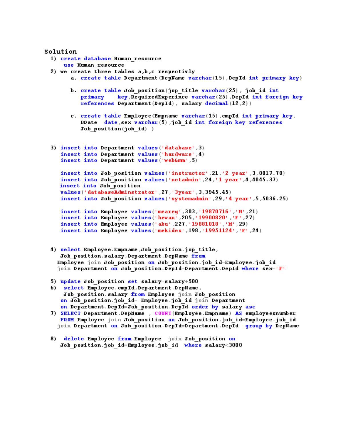 Create database Human - Solution create database Human_resource use ...