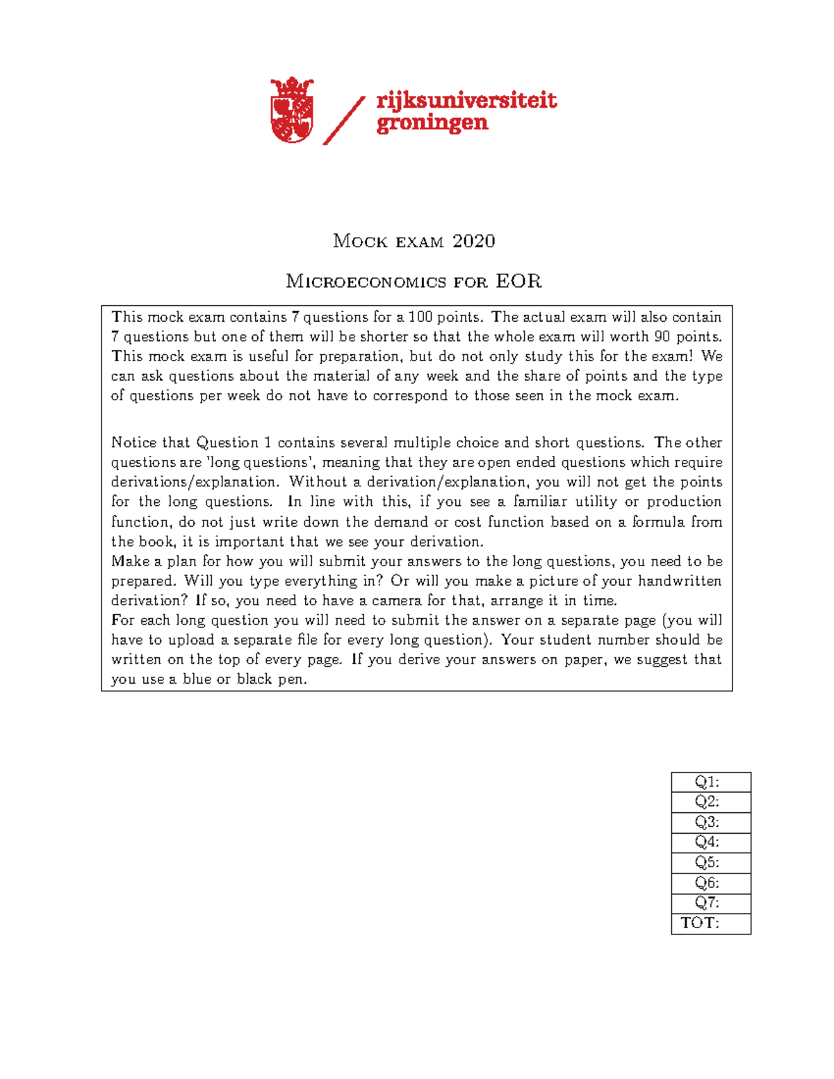 Microeconomics for EOR mock exam 2020 - Mock exam 2020 Microeconomics for EOR This mock exam ...