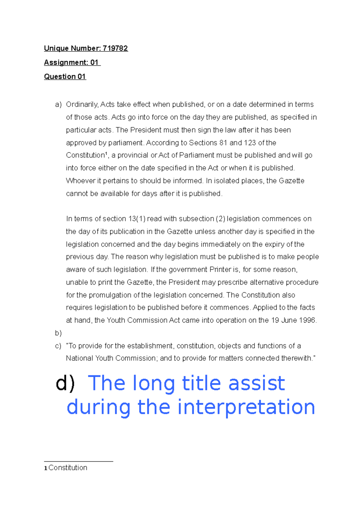 Mlungisi Robert Mdhlalose IOS2601 Assignment 1 - Unique Number: 719782 Assignment: 01 Question ...
