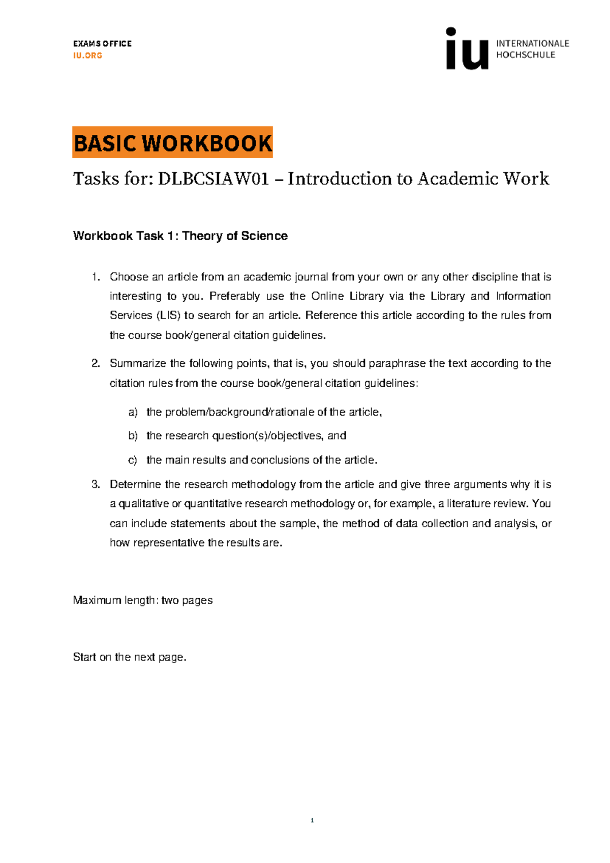 Introduction to Academic Work - passed - IU BASIC WORKBOOK Tasks for ...
