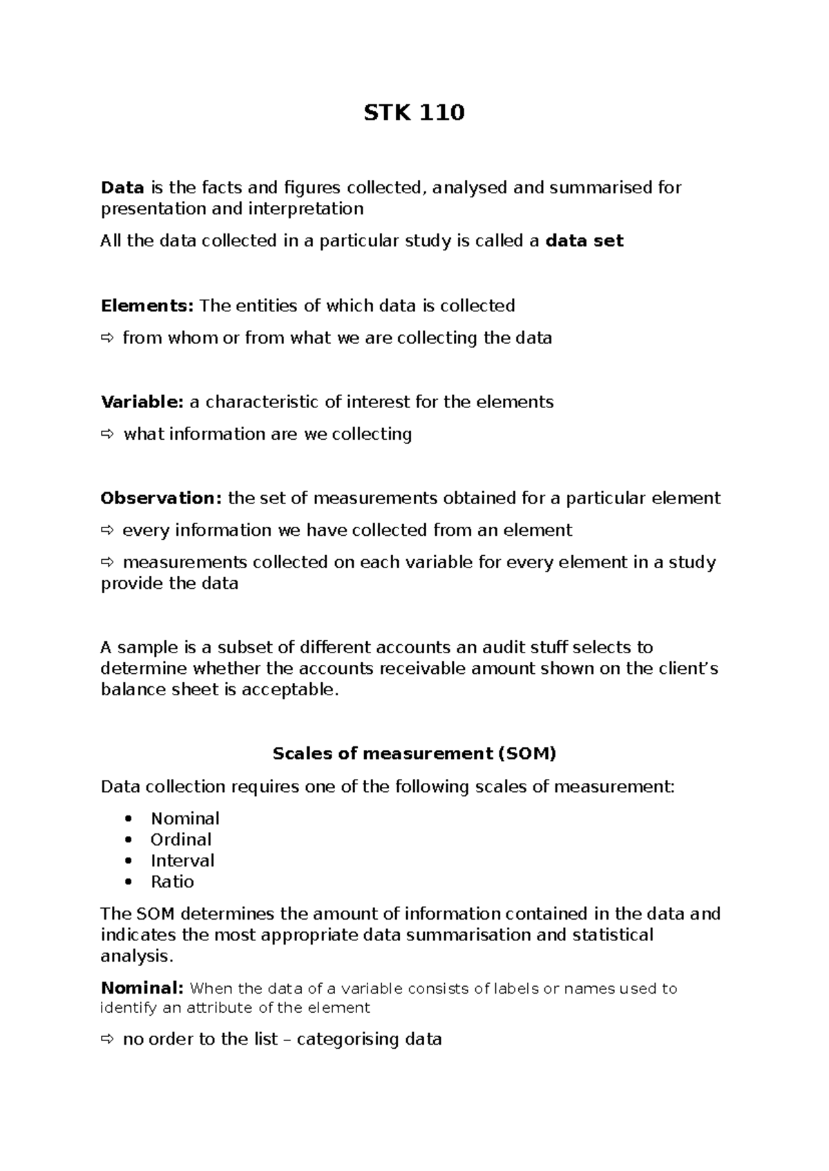 STK 110 - STK notes based off of lecture slides - STK 110 Data is the ...