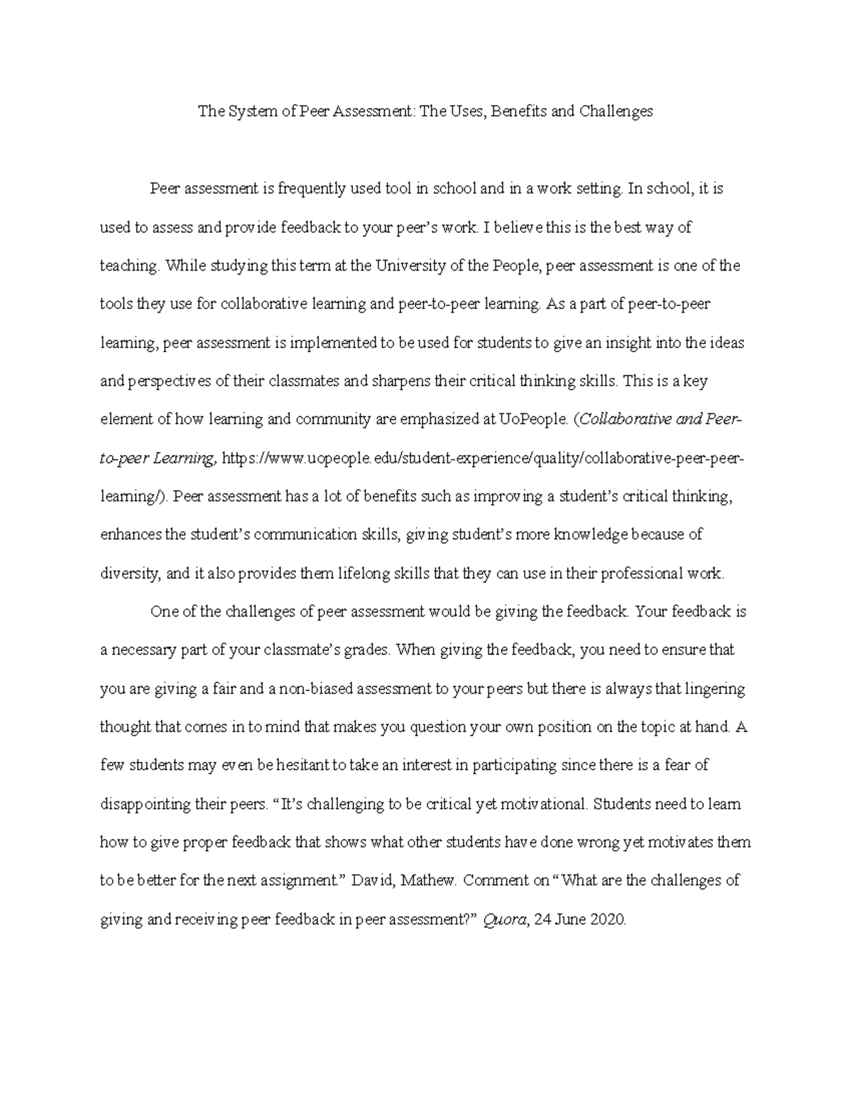 The System of Peer Assessment - BUS 1101 - UoPeople - Studocu