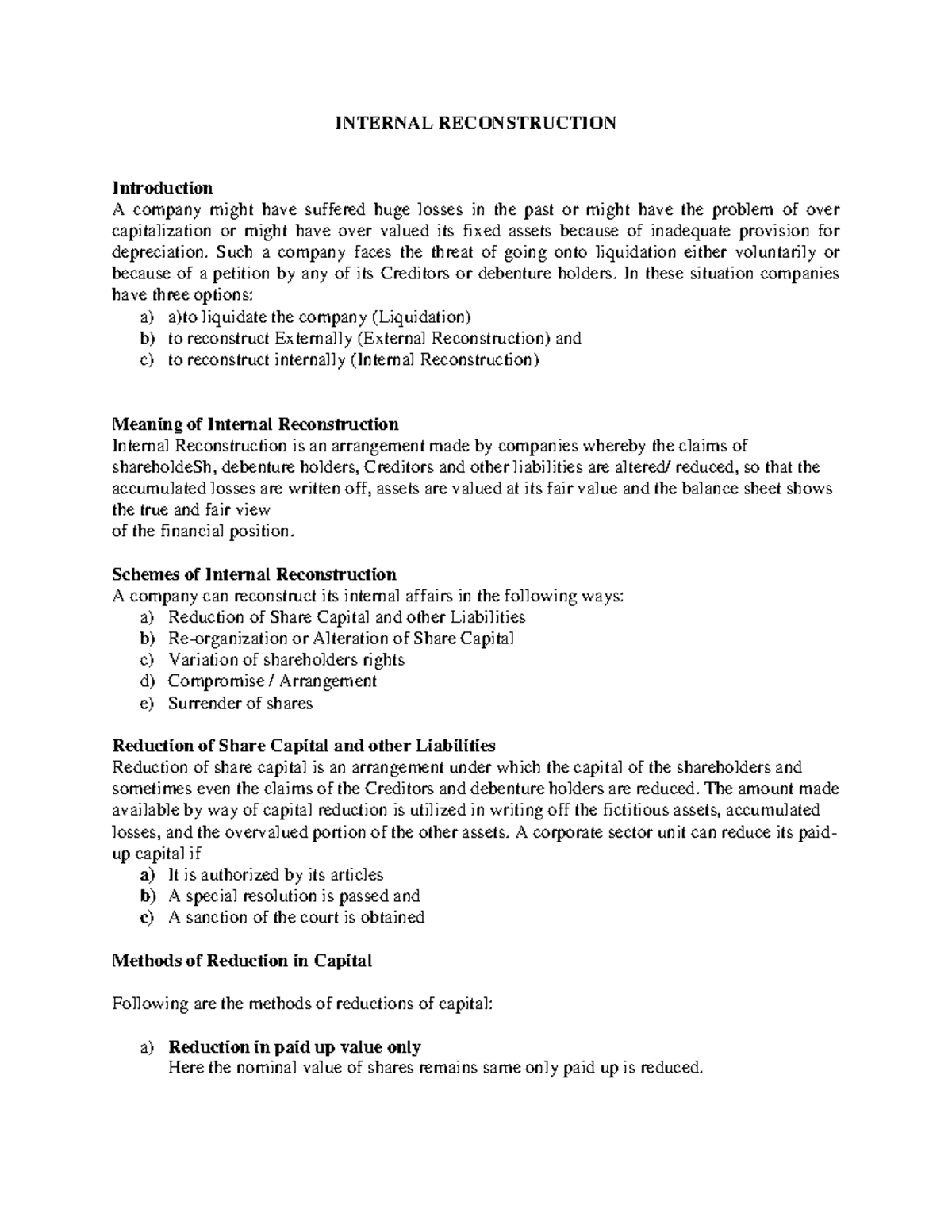 Internal Reconstruction in accçounting systems and valuation - INTERNAL ...