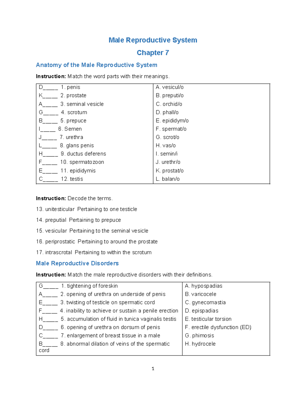 AHP105 Wk6 Assignment - Male Reproductive System Chapter 7 Anatomy of ...