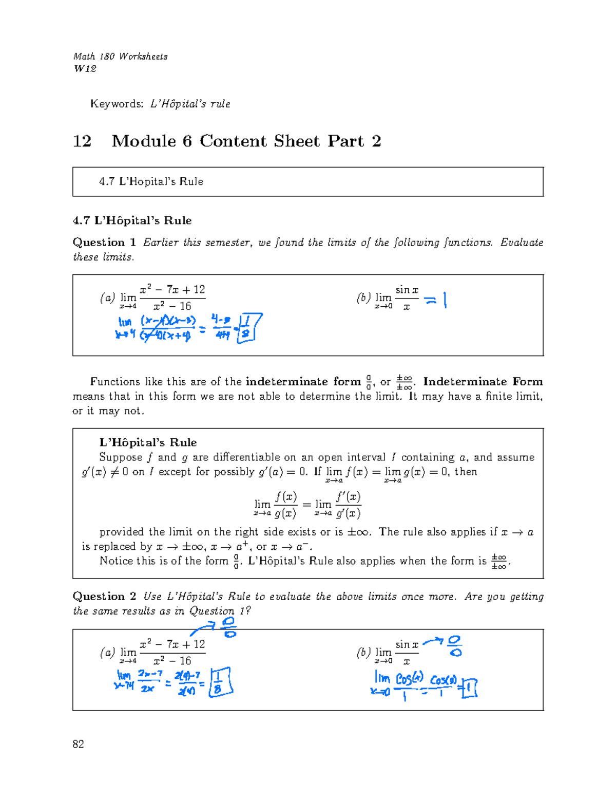 Guided Lecture Sheet Module 6 Part 2 - W Keywords: L’Hˆopital’s rule 12 ...