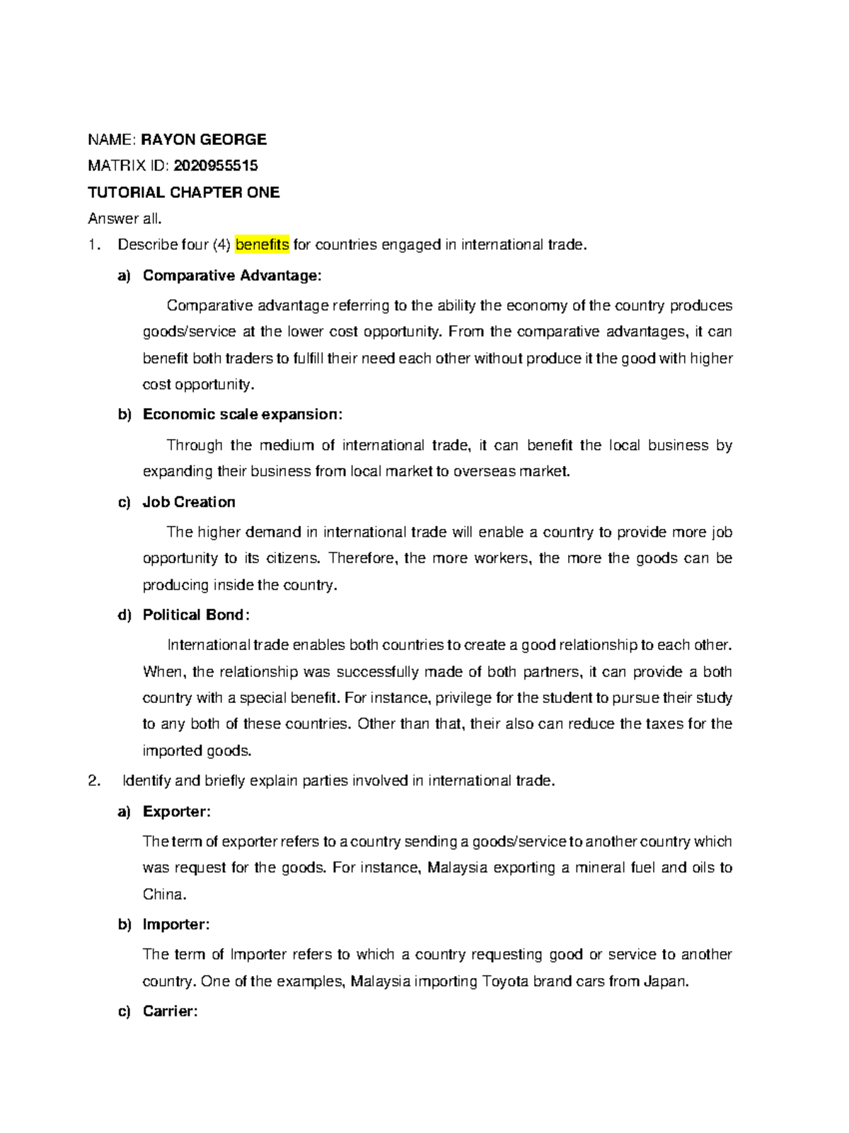 Chapter 1 Tutorial (International Trade) - UiTM - Studocu
