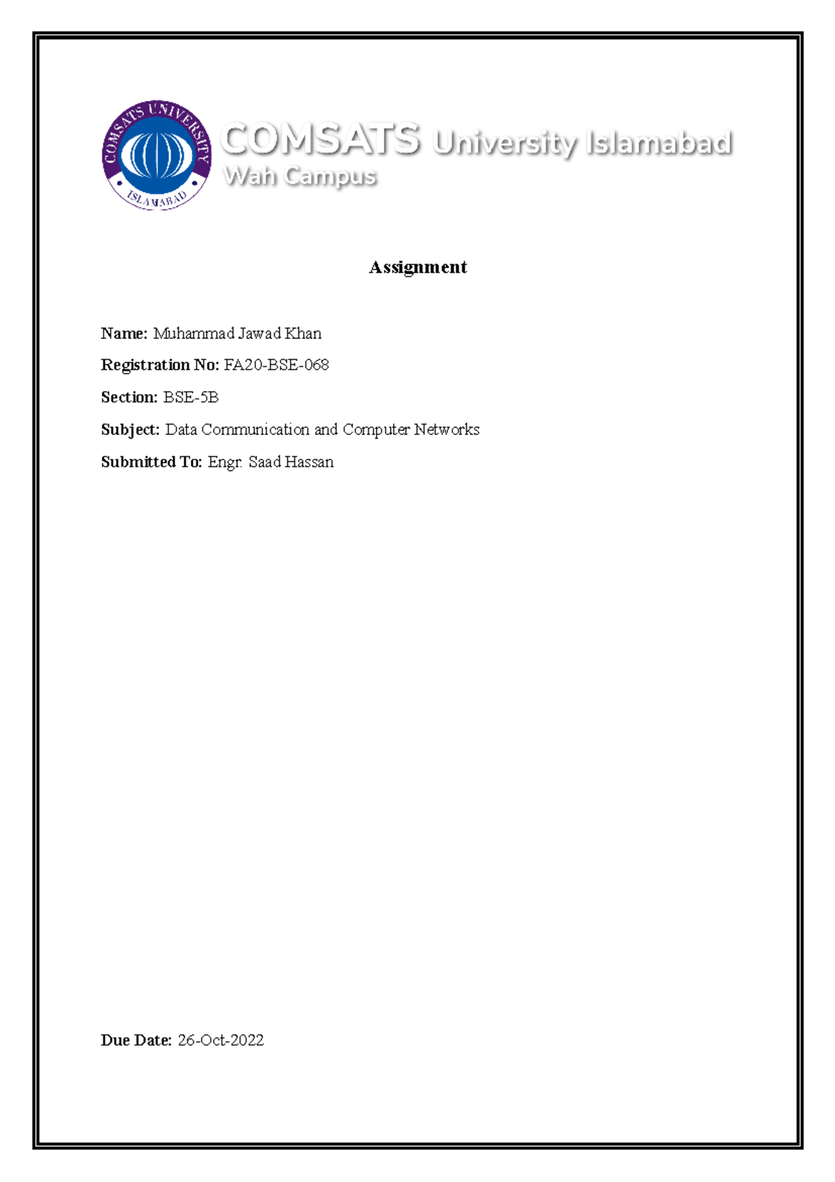 Dccn Lab Assignment 4 Notes Assignment Name Muhammad Jawad Khan
