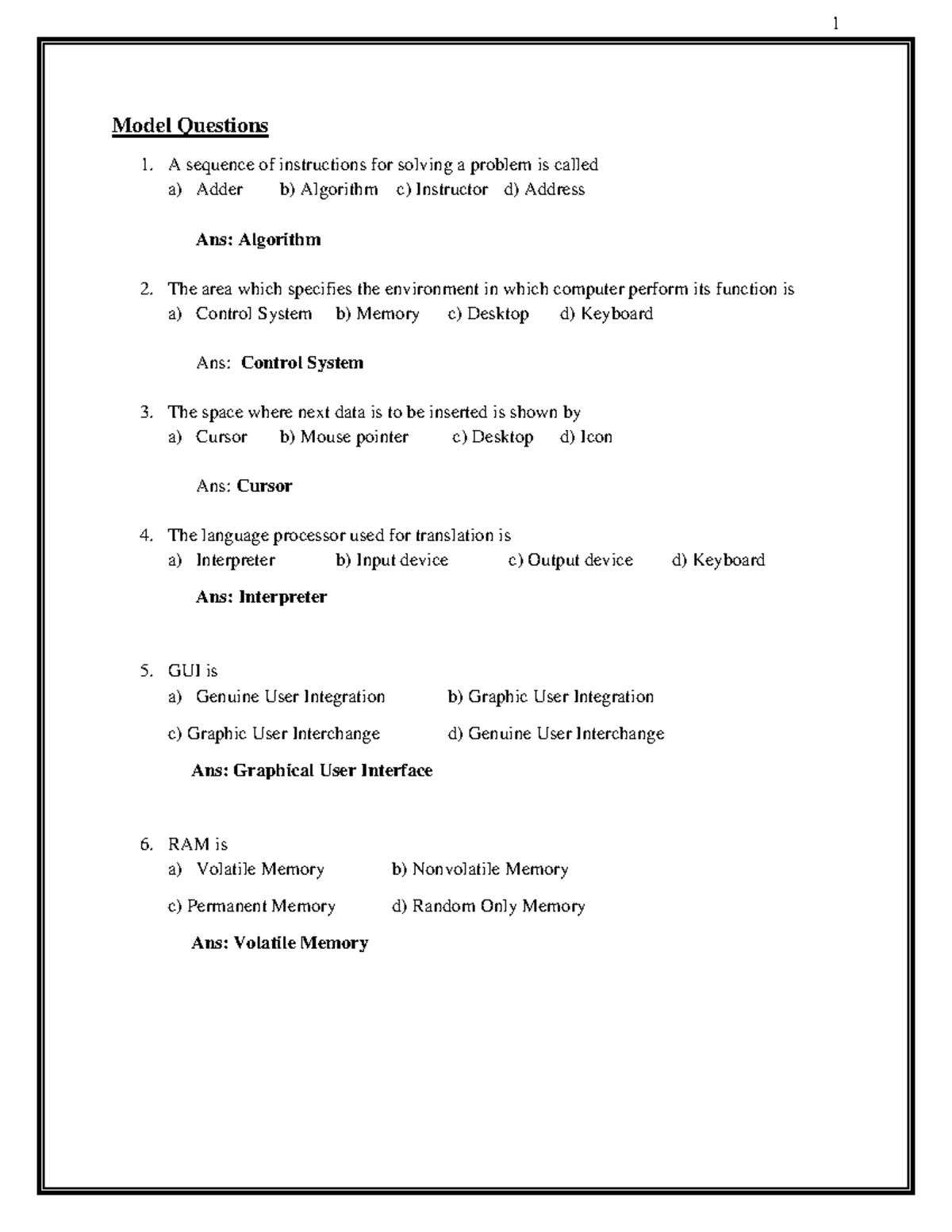 Model Questions 1st module - Model Questions A sequence of instructions ...