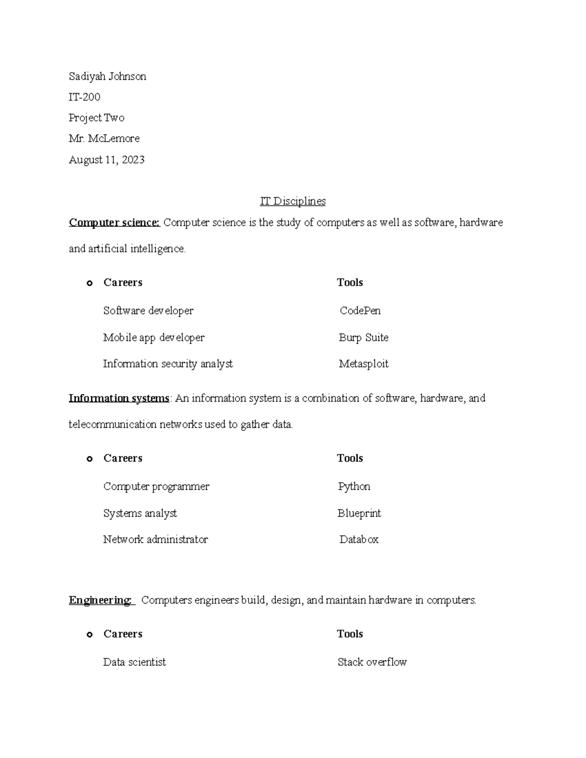 IT200 Project Two - Sadiyah Johnson IT- Project Two Mr. McLemore August ...