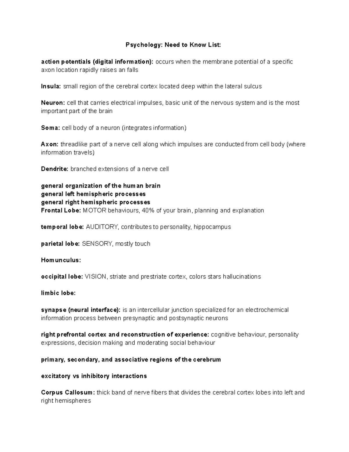 Psychology Need to Know List - Psychology: Need to Know List: action ...