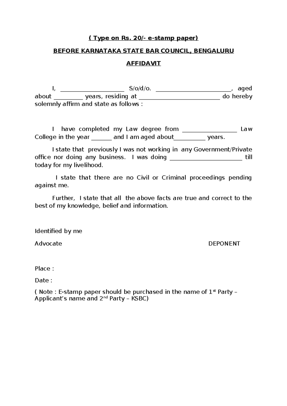 Affidavit Format - ( Type on Rs. 20/- e-stamp paper) BEFORE KARNATAKA ...