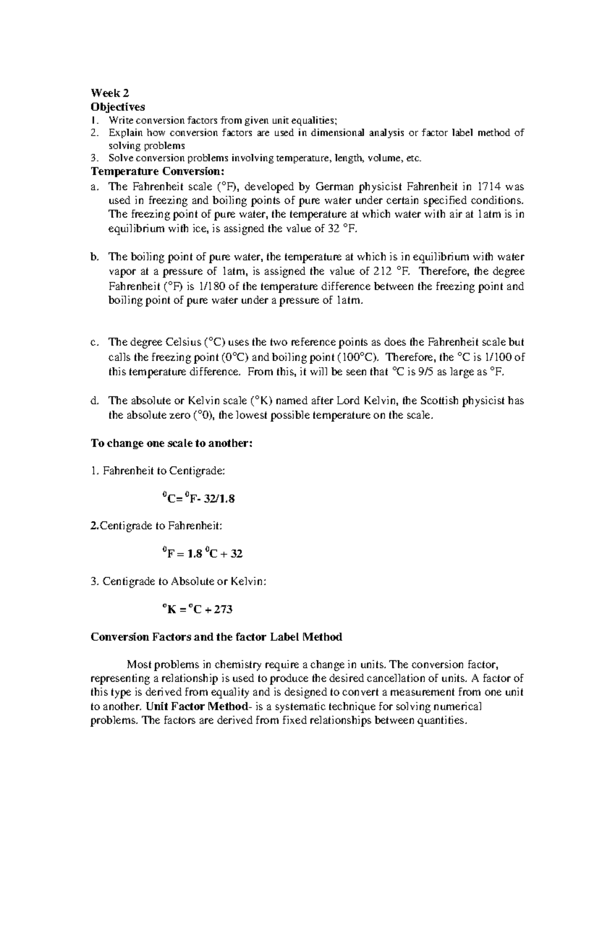 CHEM111-WK-2-Conversion-of-Units - Week 2 Objectives 1. Write ...