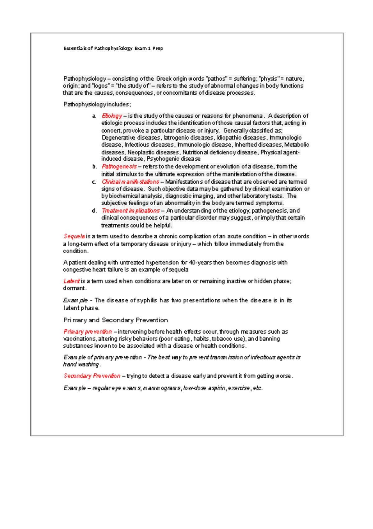 Patho Exam 1 Review - Pathophysiology – consisting of the Greek origin ...