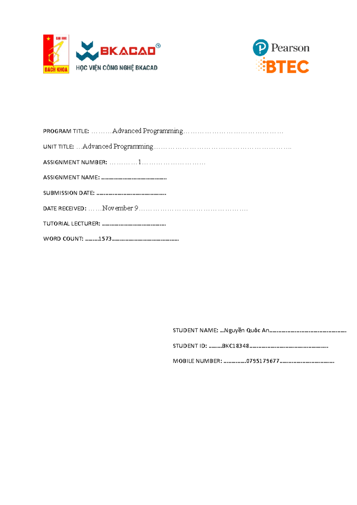 Assignment Advanced Programming - Nguyễn Quốc An Btecc 01K10T - PROGRAM ...