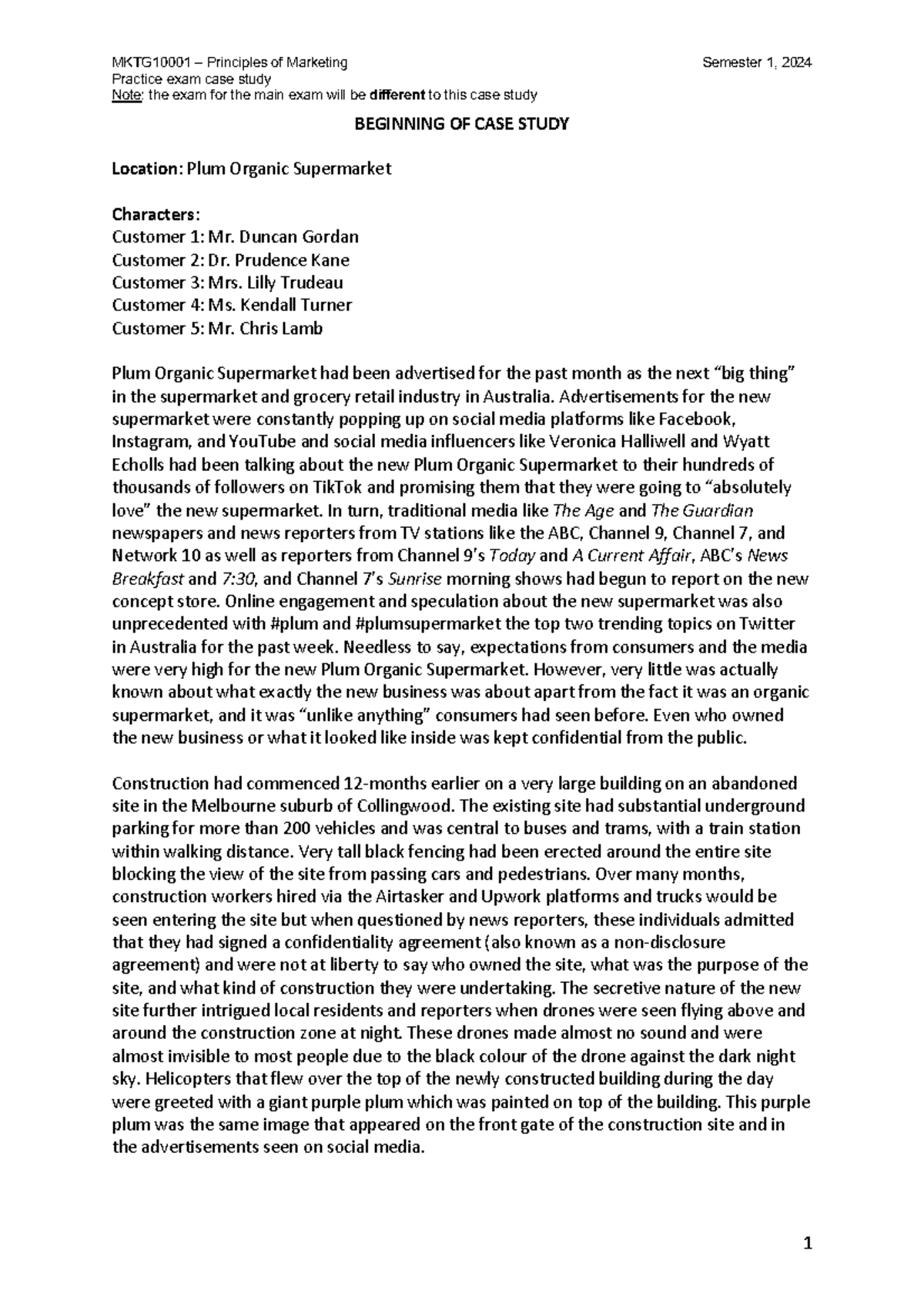 Practice exam case study - Plum organic supermarket - Practice exam ...