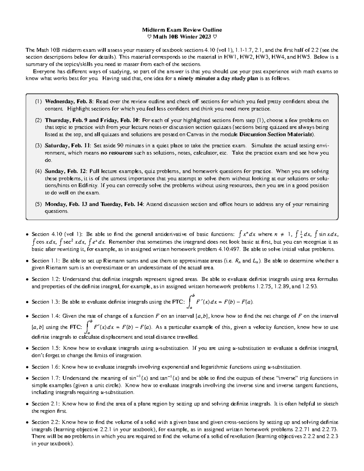 Mid term math 10 B concepts - Midterm Exam Review Outline ♥ Math 10B Winter 2023 ♥ The Math 10B ...