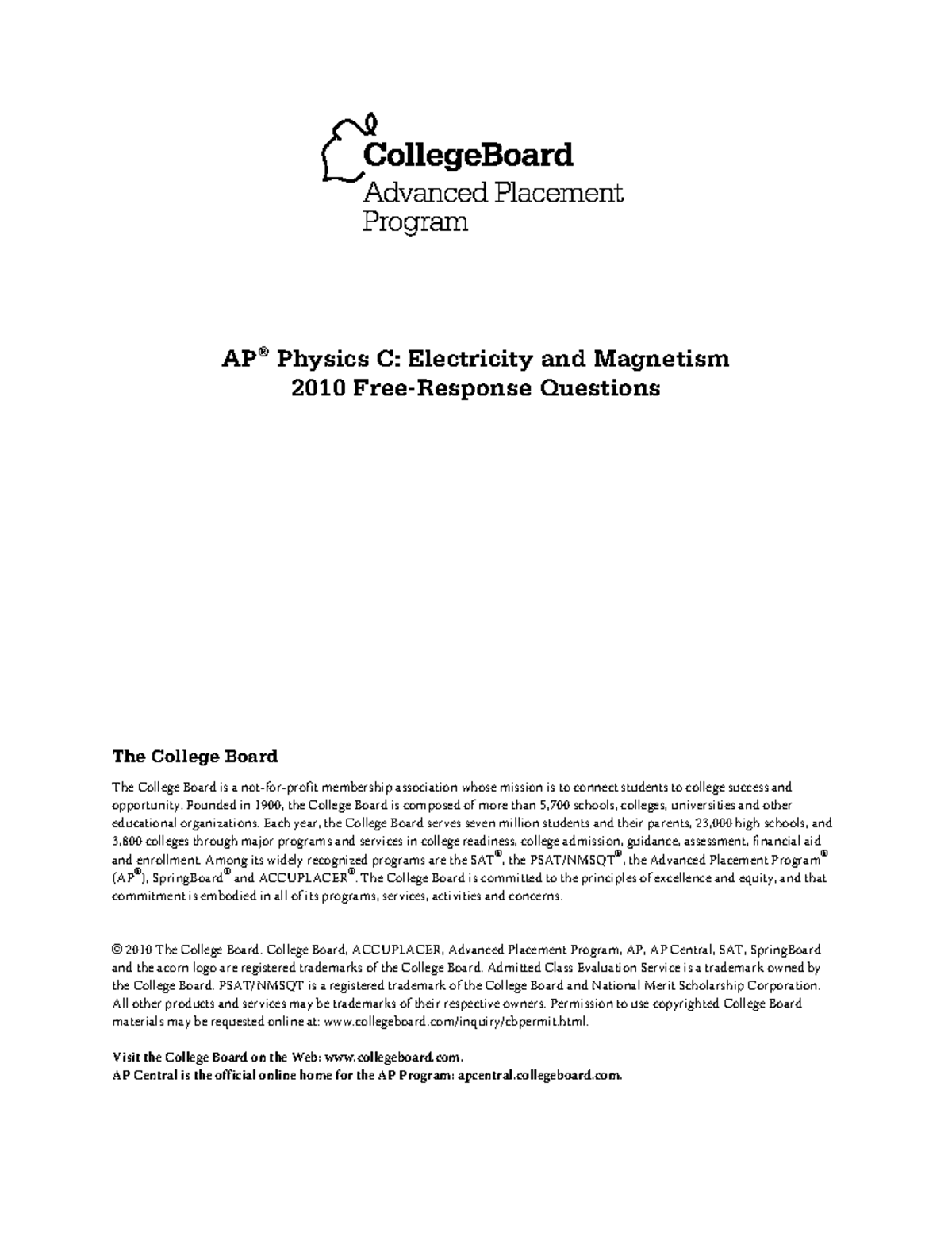Ap10 frq physics c e m - AP ® Physics C: Electricity and Magnetism 2010 ...