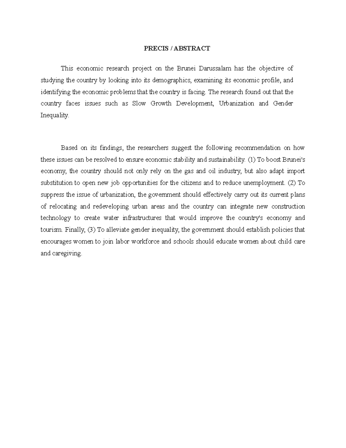 Abstract - PRECIS / ABSTRACT This economic research project on the ...