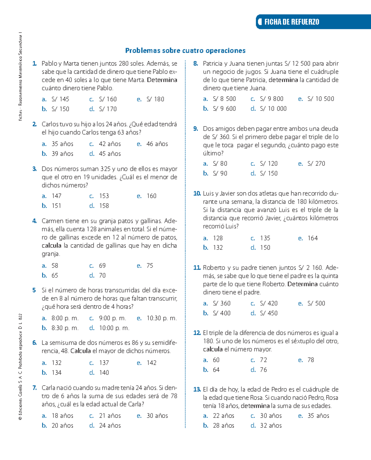 FA Problemas sobre cuatro operaciones - FICHA DE REFUERZO Fichas ...