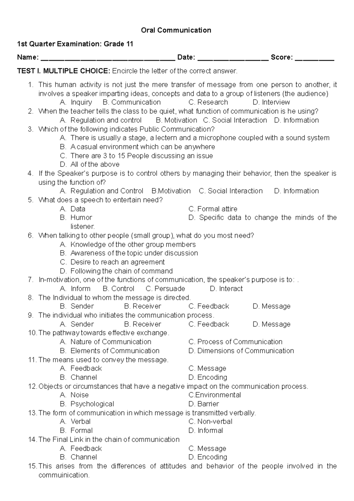 Exam Oral Comm - examination in oral comm - Oral Communication 1st ...