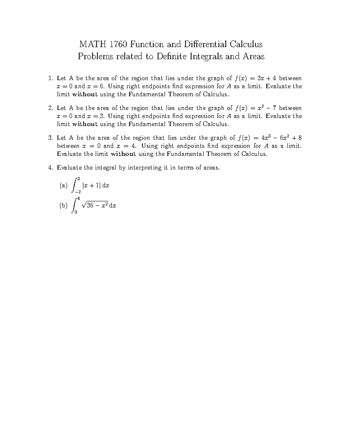 1760Problems For Integrals-F22 - MATH 1760 Function and Differential Calculus Problems related ...